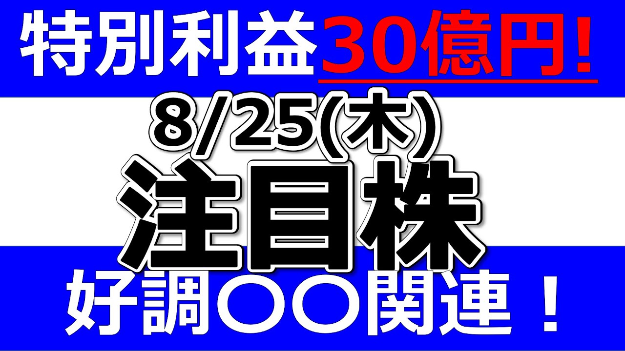 特別利益30億円！〇％の自社株買い！【8月25日(木)の注目銘柄まとめ】本日の株式相場振り返りと明日の注目銘柄・注目株・好材料・サプライズ決算を解説、株式投資の参考に - TKHUNT