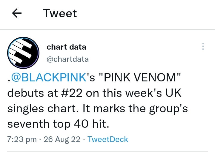 220826 「PINK VENOM」が今週の全英シングルチャート初登場22位。 - TKHUNT