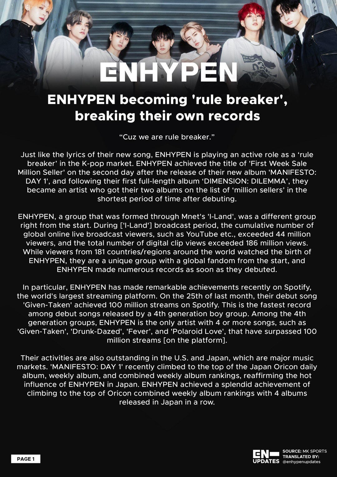 220805 ネイバーの記事: "ENHYPEN、「ルール違反者」になり、自己記録を更新" - TKHUNT