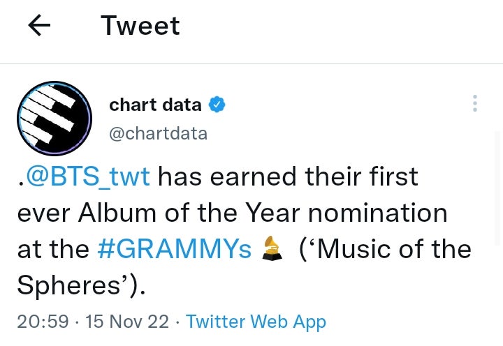 221115 BTS は、第 65 回グラミー賞で、Music of the Spheres のアルバム オブ ザ イヤーにノミネートされました。 - TKHUNT