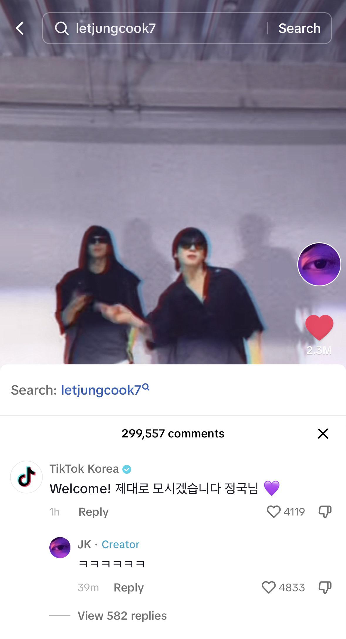 230803 TikTok Korea’s comment and Jungkook’s reply on his TikTok video - TKHUNT